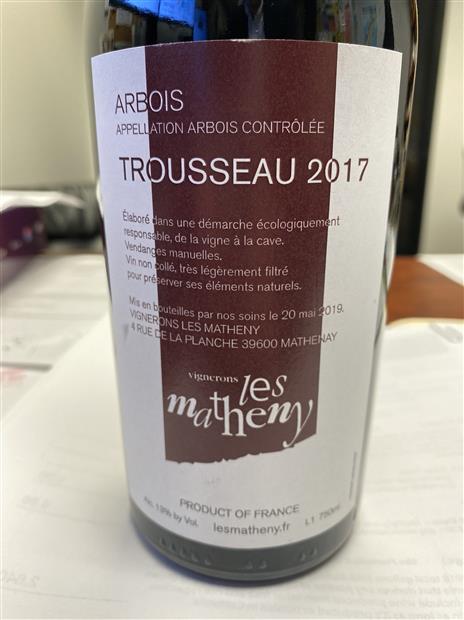 2020 Les Mathény Trousseau Arbois, France, Jura, Arbois - CellarTracker