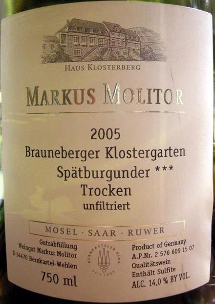 2017 Markus Molitor Brauneberger Klostergarten Spätburgunder trocken ...