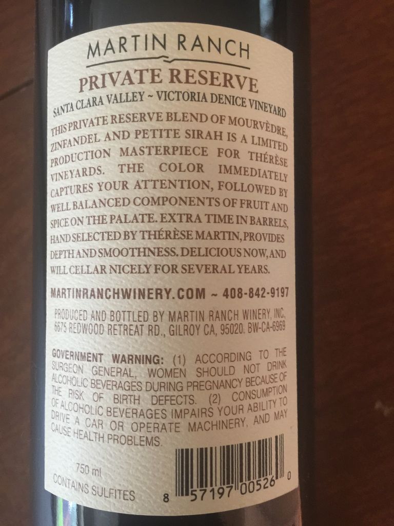 2016 Martin Ranch Winery Thérèse Vineyards Private Reserve Victoria ...