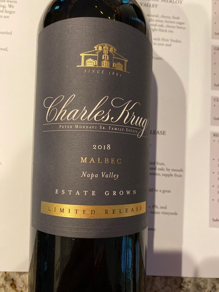 2018 Charles Krug Winery (Peter Mondavi Family) Malbec Limited Release ...