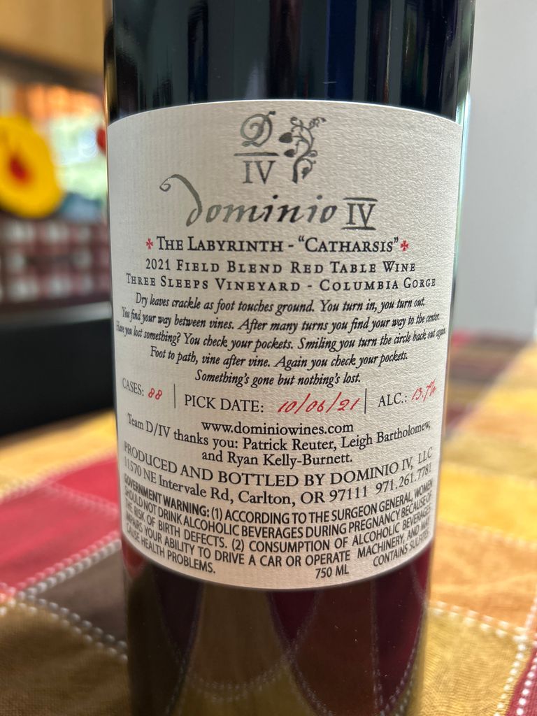 2021 Dominio IV The Labyrinth - "Catharsis" Three Sleeps Vineyard, USA ...