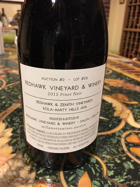 2015 Red Hawk Vineyard & Winery Pinot Noir Willamette Pinot Noir Barrel ...
