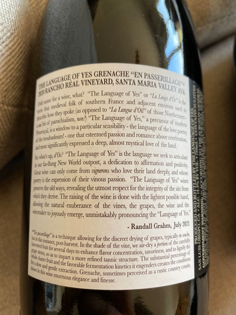 2021 The Language of Yes Grenache En Passerillage Rancho Real, USA ...