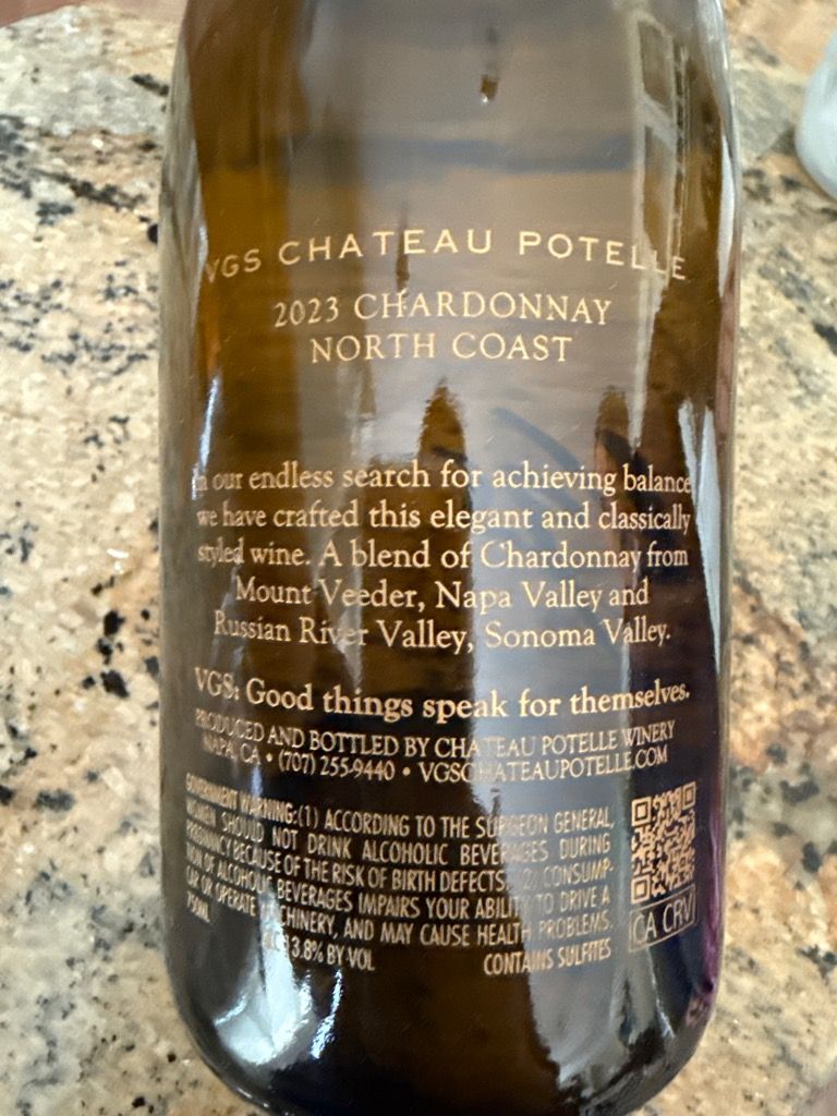 2023 Chateau Potelle Chardonnay VGS, USA, California, North Coast ...