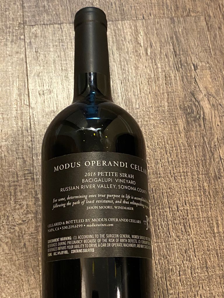 2018 Modus Operandi Cellars Petite Sirah Bacigalupi Vineyard, USA ...