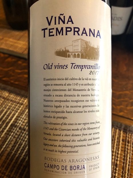 2017 Bodegas Aragonesas Tempranillo Viña Temprana Old Vines, Spain ...
