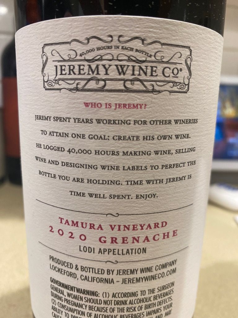 2020 Jeremy Wine Company Grenache Tamura Vineyard, USA, California ...
