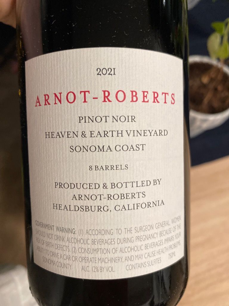 2021 Arnot-Roberts Pinot Noir Heaven and Earth, USA, California, Sonoma ...