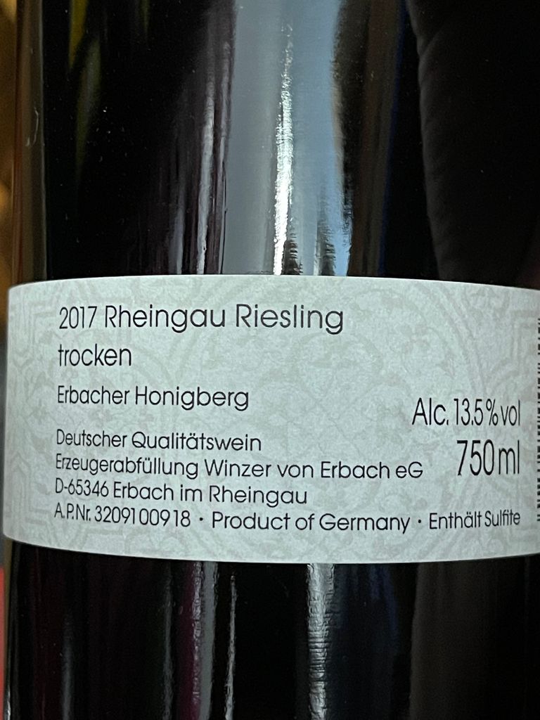 2019 Winzer von Erbach Erbacher Honigberg Riesling, Germany, Rheingau ...