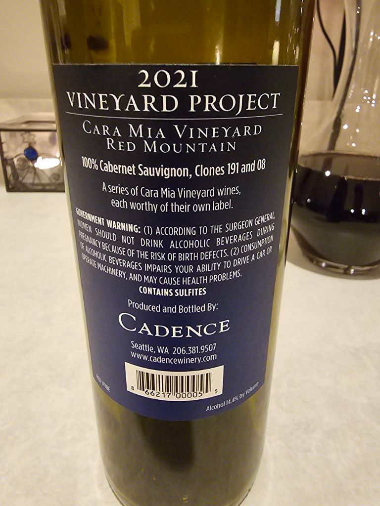 2021 Cadence Cabernet Sauvignon Cara Mia Vineyard, USA, Washington ...