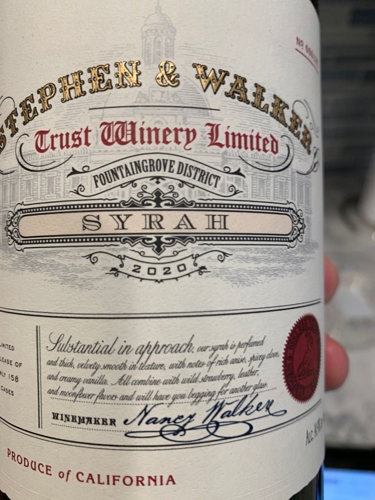 2020 Stephen & Walker Trust Winery Limited Syrah Fountaingrove District ...