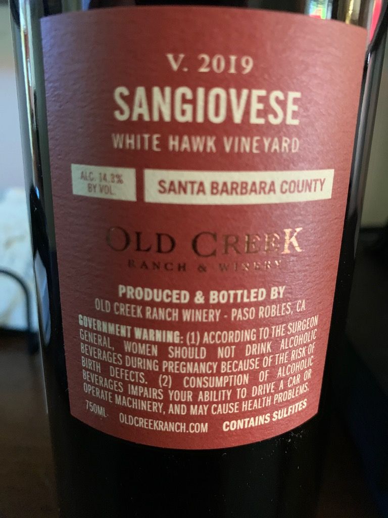 2020 Old Creek Ranch Winery Sangiovese White Hawk Vineyard, USA ...