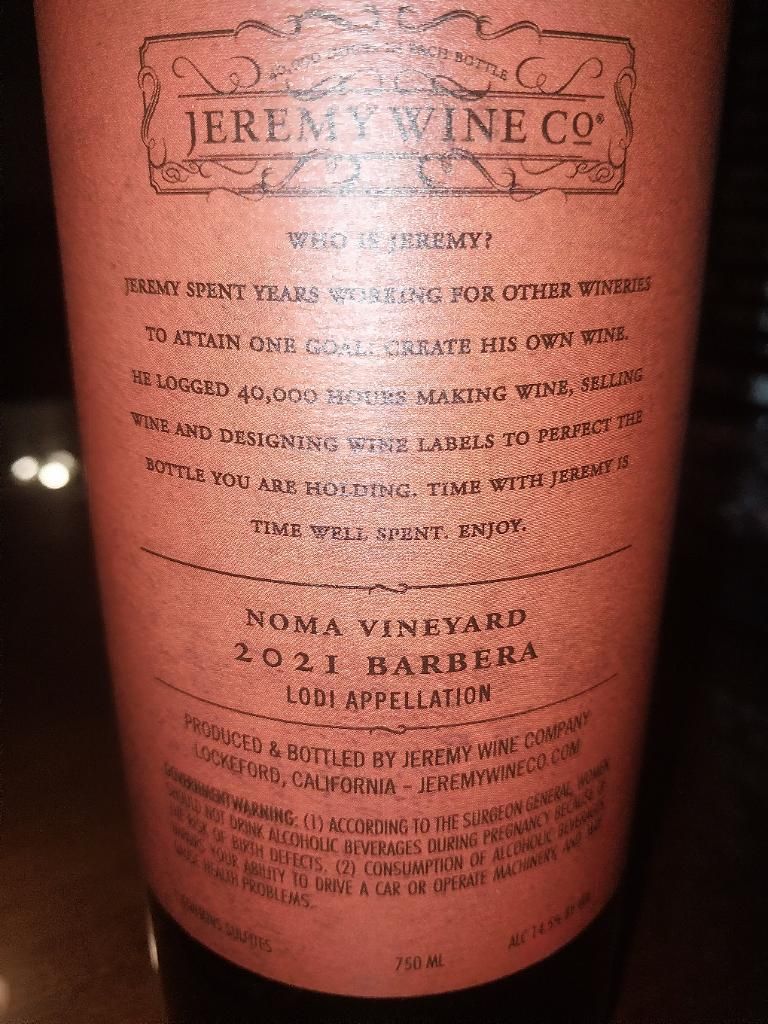 2021 Jeremy Wine Company Barbera Noma Vineyard, USA, California ...