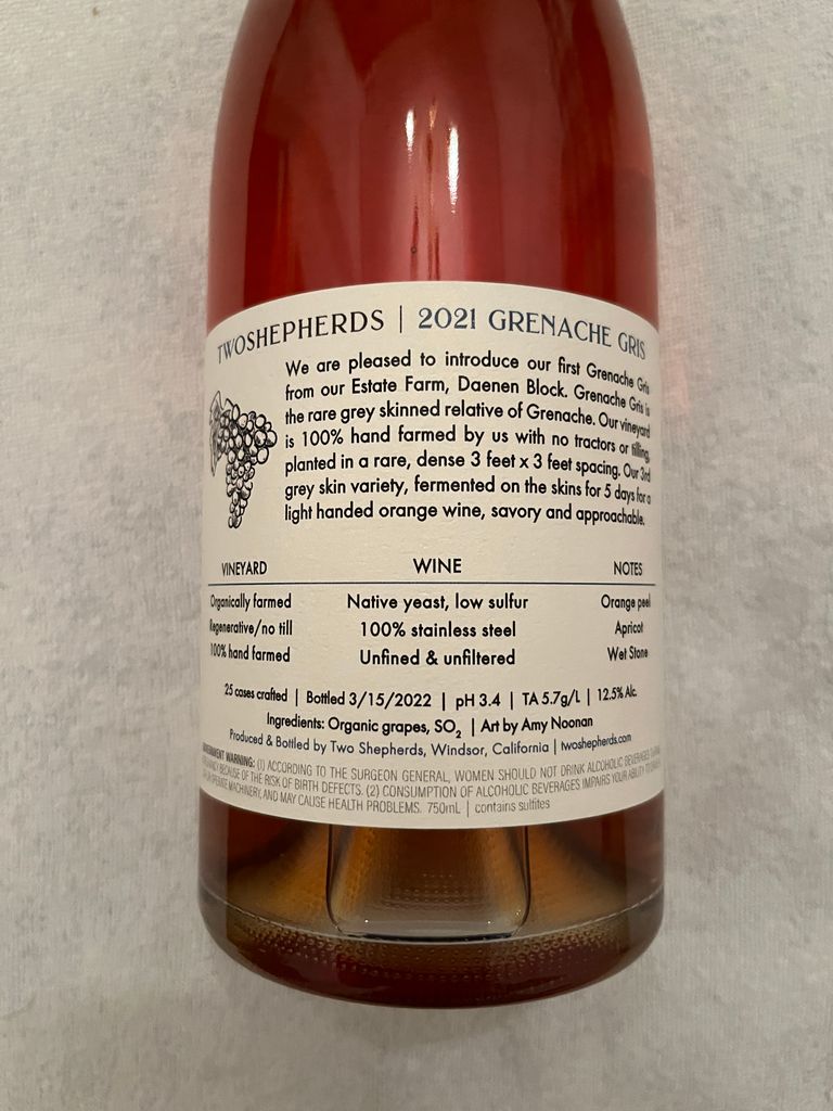 2021 Two Shepherds Grenache Gris Skin Fermented Estate Vineyard Daenen ...