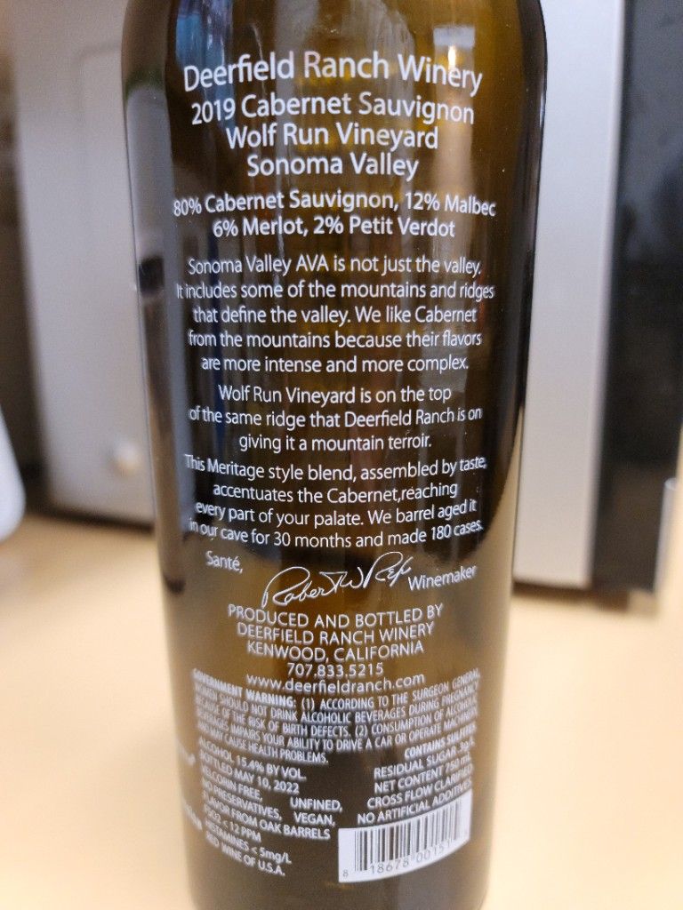2019 Deerfield Ranch Cabernet Sauvignon Reserve Wolf Run, USA ...