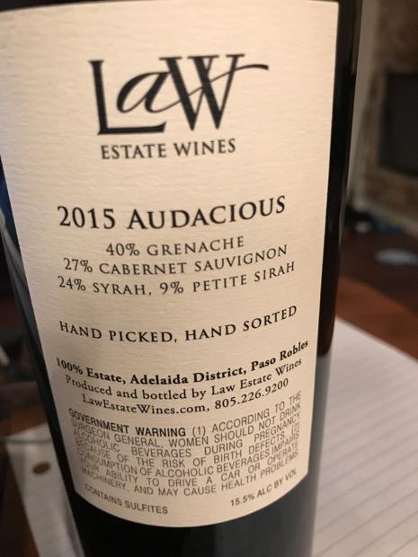 2015 Law Estate Wines Audacious, USA, California, Central Coast, Paso ...