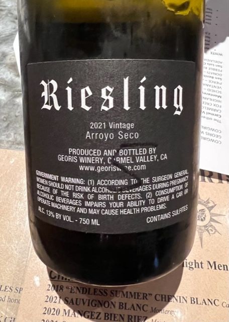 2021 Georis Riesling, USA, California, Central Coast, Arroyo Seco ...