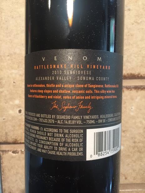 2013 Seghesio Family Vineyards Sangiovese Venom, USA, California ...