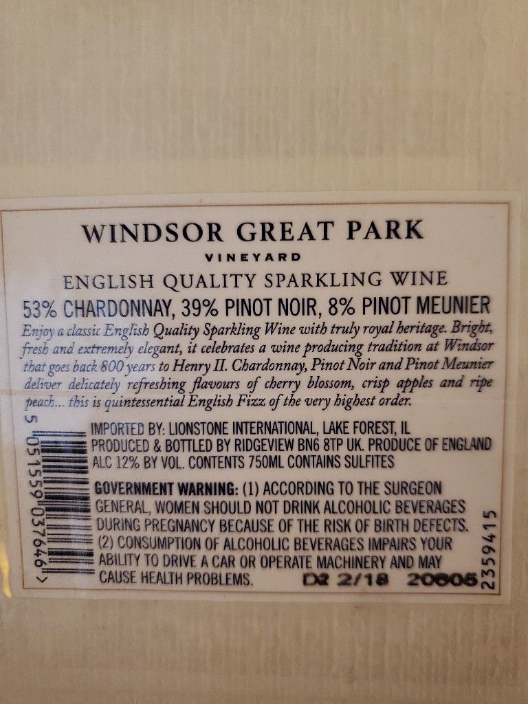 2015 Windsor Great Park Vineyard English Quality Sparkling Wine, United ...