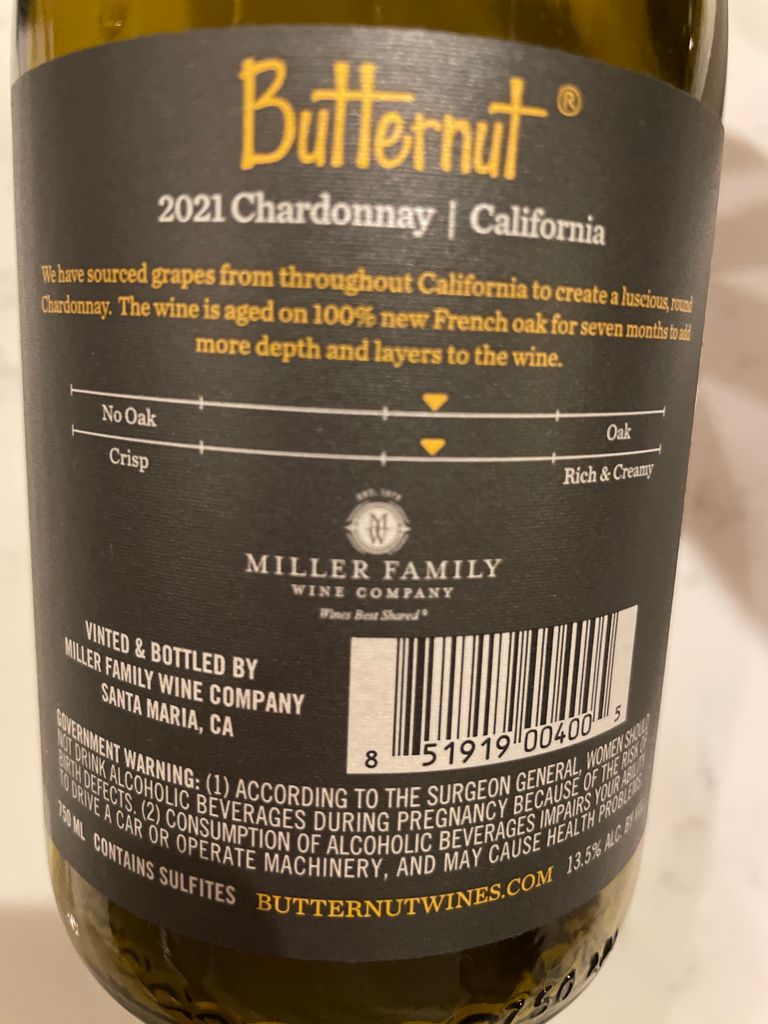 2021 Miller Family Wine Company Chardonnay Butternut, USA, California ...