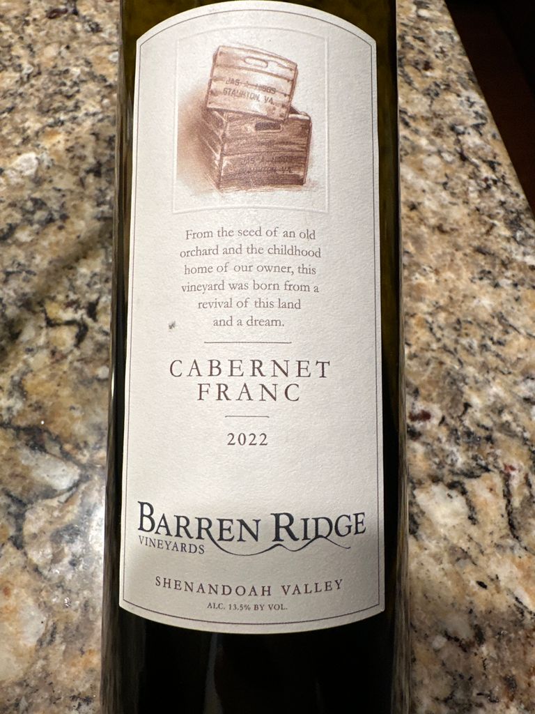 2020 Barren Ridge Cabernet Franc, USA, Virginia, Shenandoah Valley ...