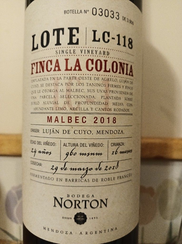 2018 Bodega Norton Malbec Lote Finca La Colonia Argentina Mendoza 2018-bodega-norton-malbec-lote-finca-la-colonia-argentina-mendoza