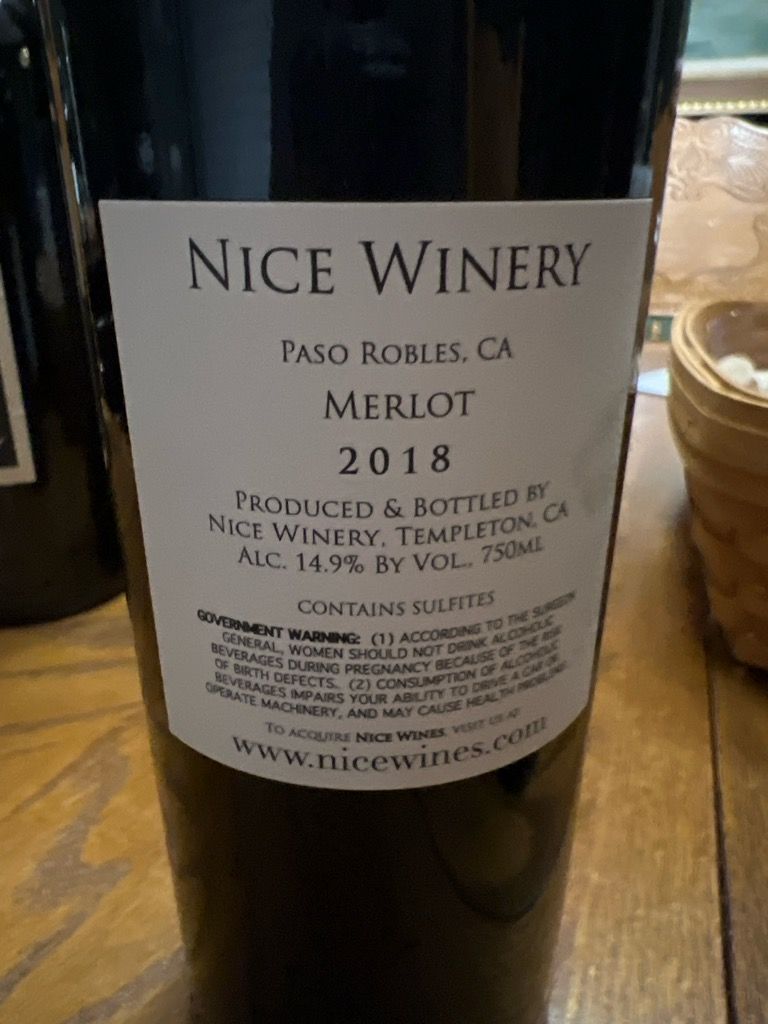 2018 Nice Merlot 100% Varietal Series, USA, California, Central Coast ...