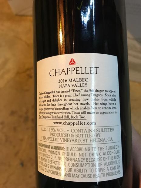 2016 Chappellet Malbec, USA, California, Napa Valley - CellarTracker