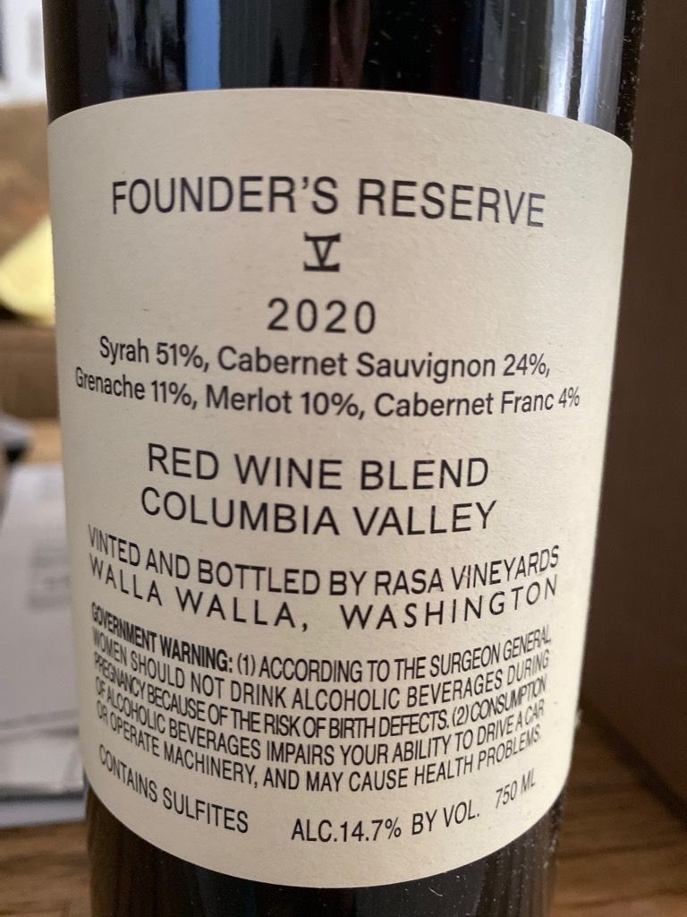 2020 Rasa Vineyards Founder's Reserve, USA, Washington, Columbia Valley ...