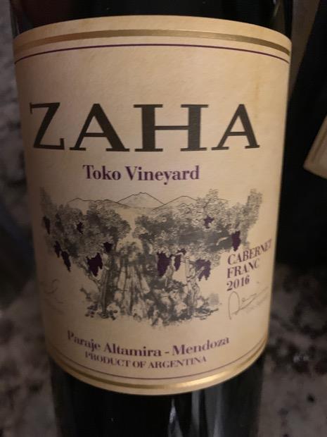 2016 Zaha Cabernet Franc Toko Vineyard, Argentina, Mendoza, Valle de ...