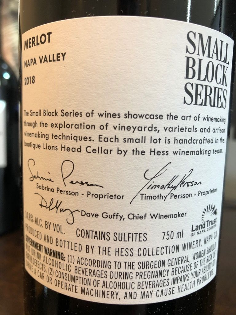 2018 The Hess Collection Merlot Small Block Series, USA, California ...