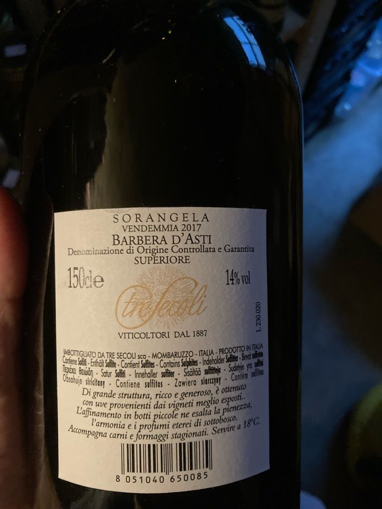 2021 Tre Secoli Barbera d'Asti Superiore Sorangela Appasimento, Italy ...