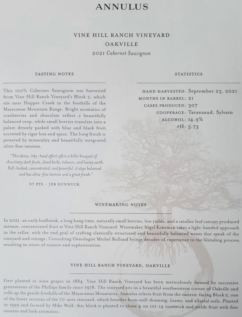 2021 Annulus Cabernet Sauvignon Vine Hill Ranch, USA, California, Napa ...