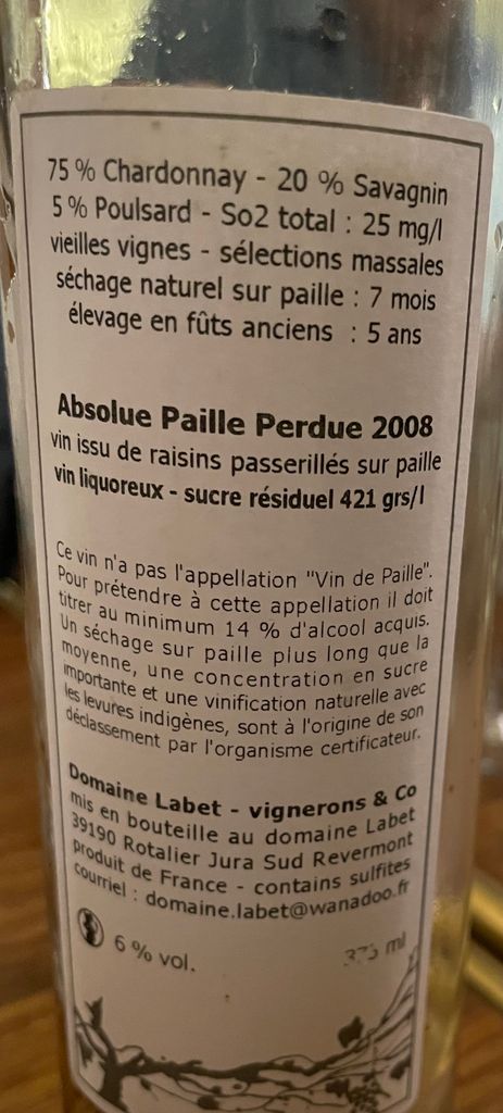 2008 Domaine Labet Absolue Paille Perdue, France, Vin de France ...