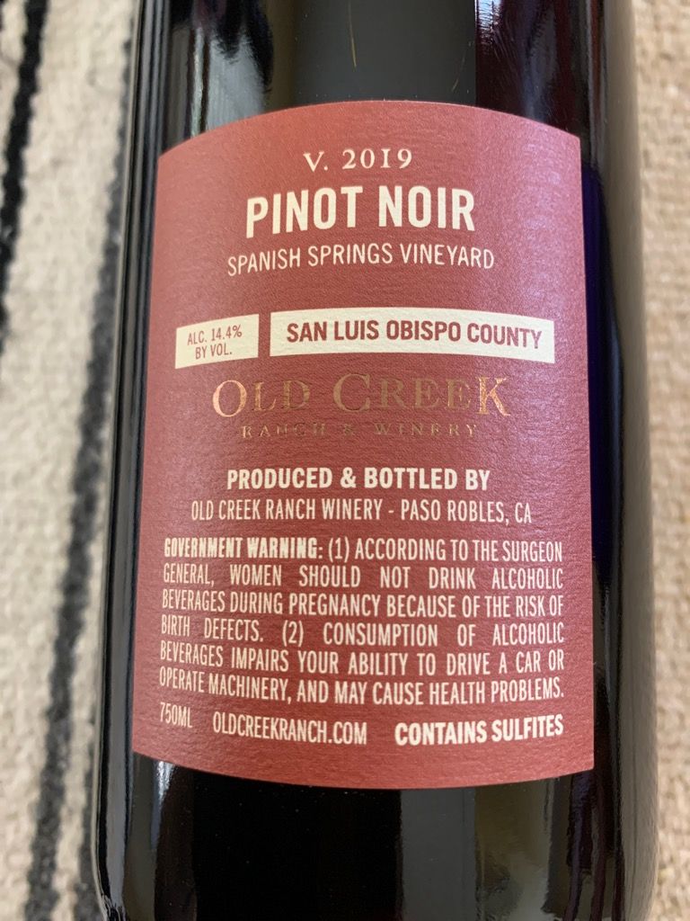2019 Old Creek Ranch Winery Pinot Noir, USA, California, Central Coast ...