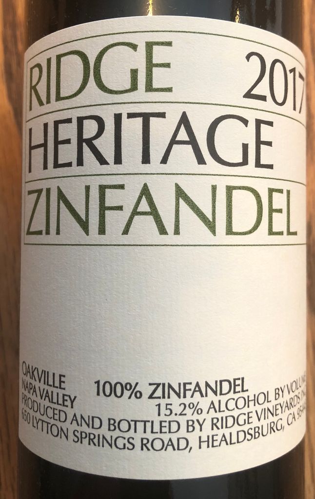 2017 Ridge Zinfandel Heritage Vineyard, USA, California, Napa Valley ...