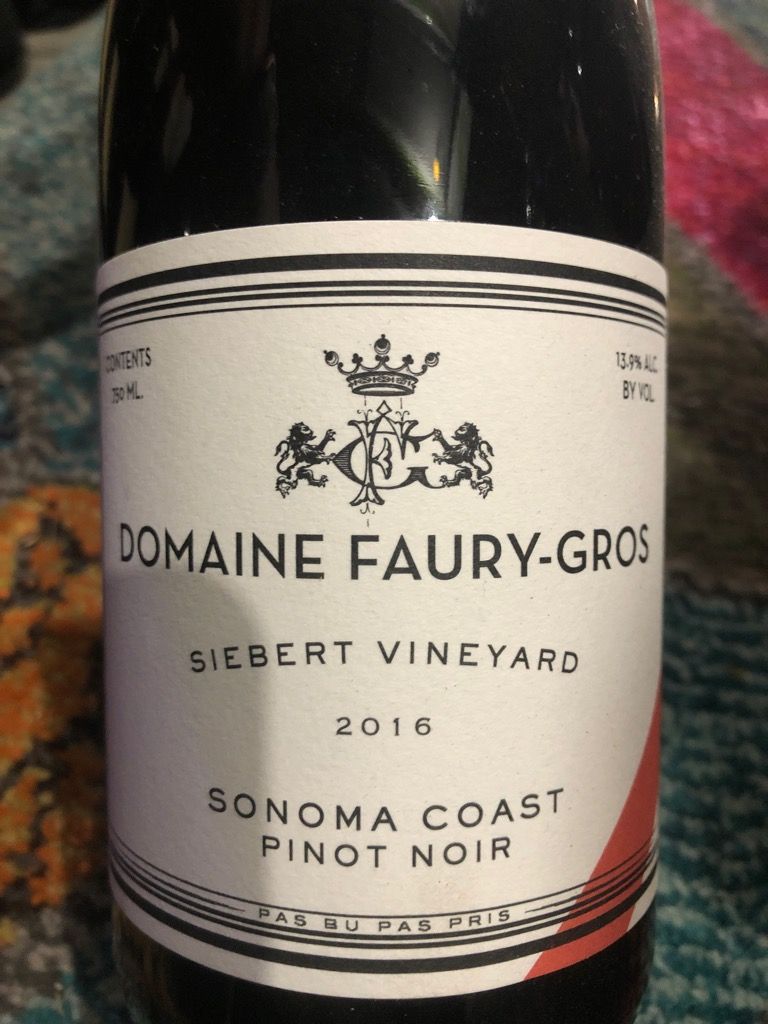 2016 Domaine Faury Gros Pinot Noir Siebert Ranch, USA, California ...