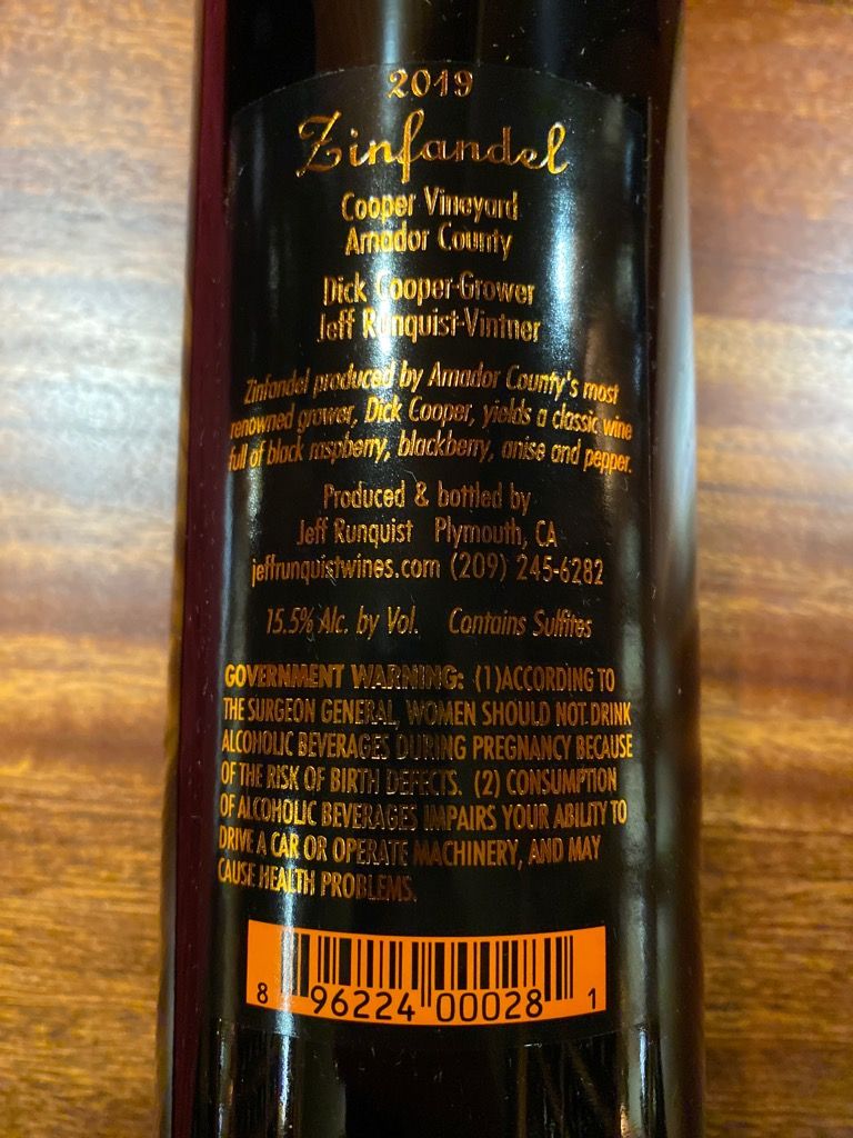 2019 Jeff Runquist Zinfandel "R" Cooper Vineyard, USA, California ...