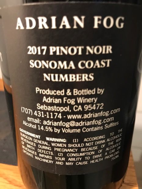 2018 Adrian Fog Pinot Noir Numbers, USA, California, Sonoma County ...