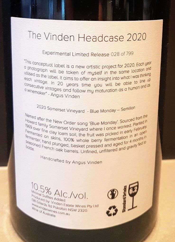 2020 Vinden Estate Sémillon The Vinden Headcase 'Blue Monday' Somerset ...