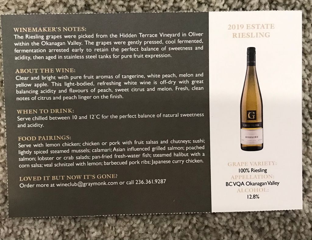 2019 Gray Monk Estate Winery Riesling, Canada, British Columbia ...