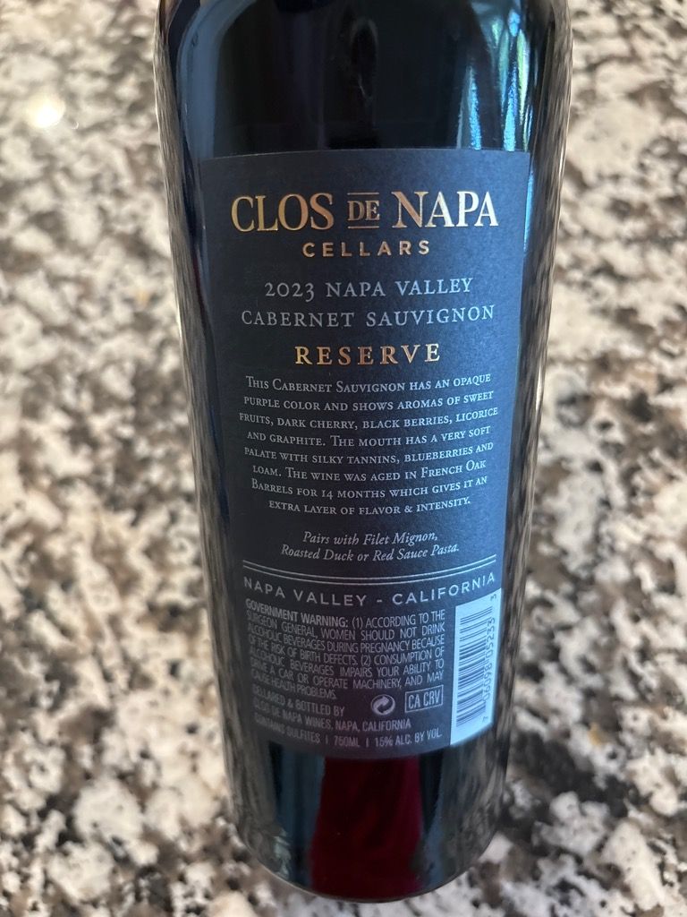 2023 Clos de Napa Cellars Cabernet Sauvignon Reserve Napa Valley, USA ...