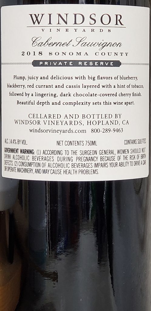 2018 Windsor Vineyards Cabernet Sauvignon Private Reserve Sonoma County ...