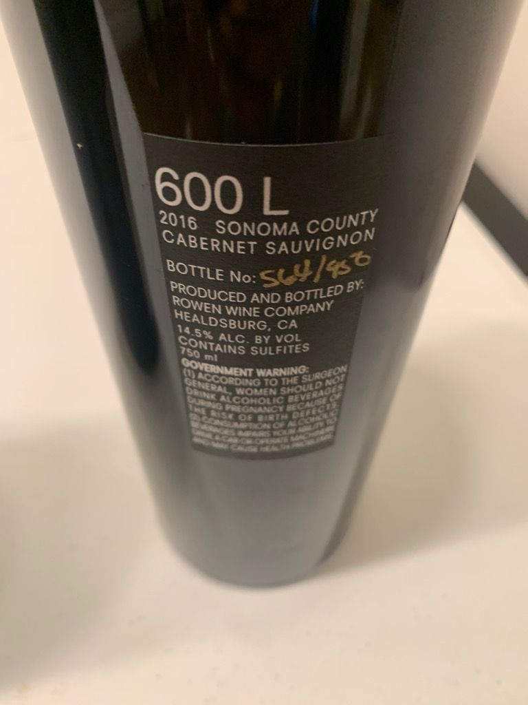 2016 Rowen Wine Cabernet Sauvignon 600L, USA, California, Sonoma County ...