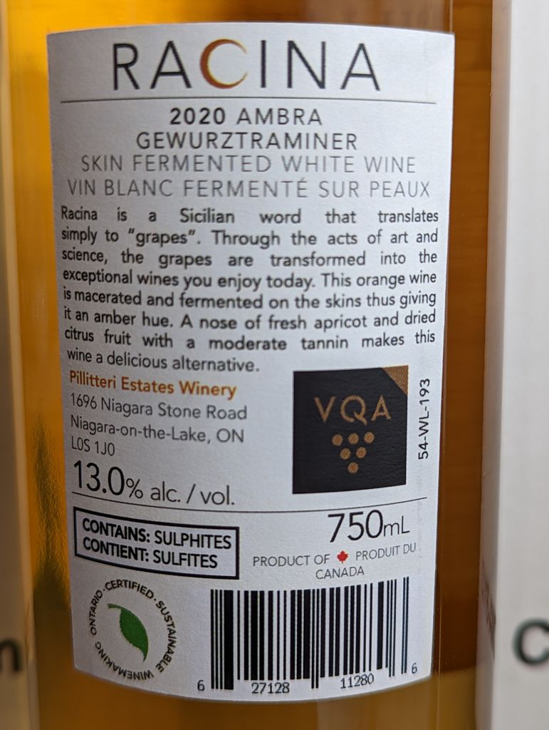 2020 Pillitteri Estates Winery Gewürztraminer Racina Ambra, Canada ...