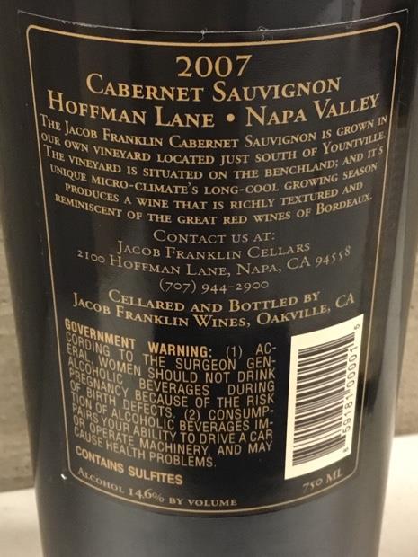 2007 Jacob Franklin Cabernet Sauvignon Hoffman Lane, USA, California ...