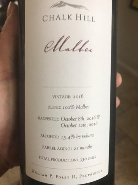 2016 Chalk Hill Malbec, USA, California, Sonoma County, Chalk Hill - CellarTracker