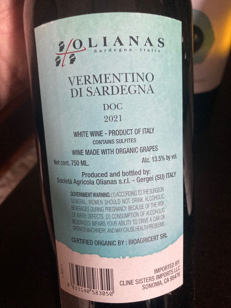 2021 Olianas Vermentino di Sardegna, Italy, Sardinia, Vermentino di ...