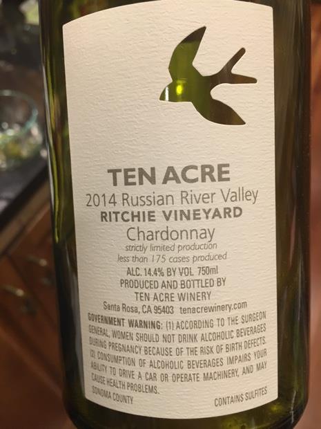 2014 Ten Acre Chardonnay Ritchie Vineyard, USA, California, Sonoma ...