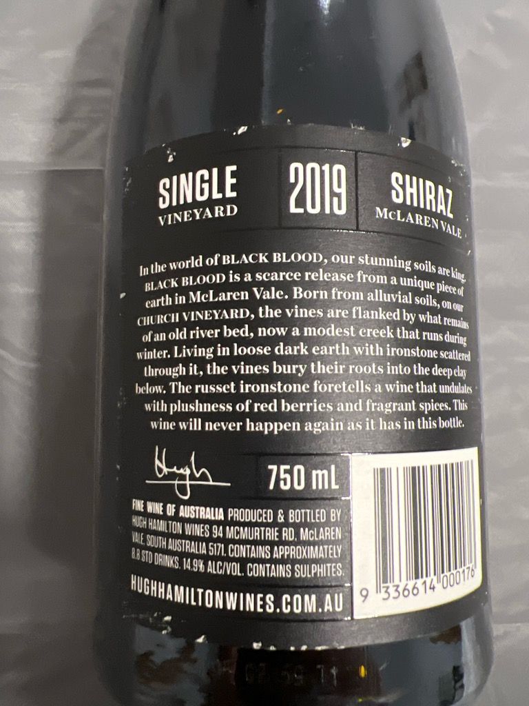 2021 Hugh Hamilton Shiraz Black Blood II Church Vineyard, Australia ...